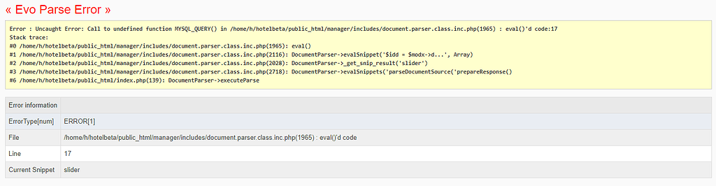 Error document.parser.class.inc.php(1965) : eval()'d code:17 - MODX Community