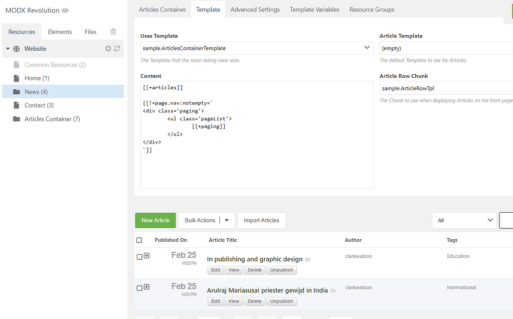 "Article container" page is not loading - MODX Community